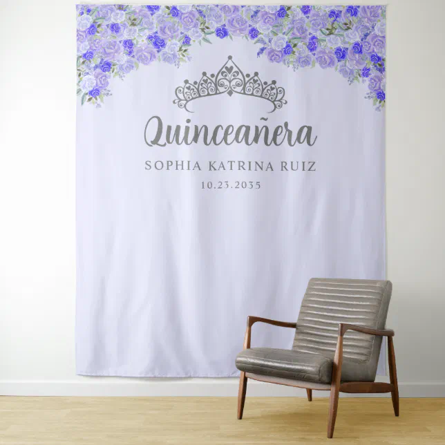Purple Floral Silver Quinceanera Photo Backdrop | Zazzle