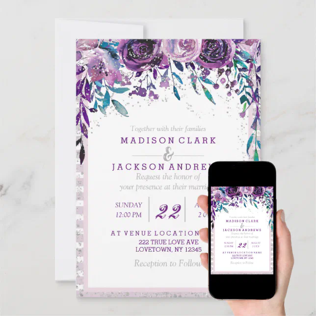 Purple Floral & Silver Wedding Invitations | Zazzle