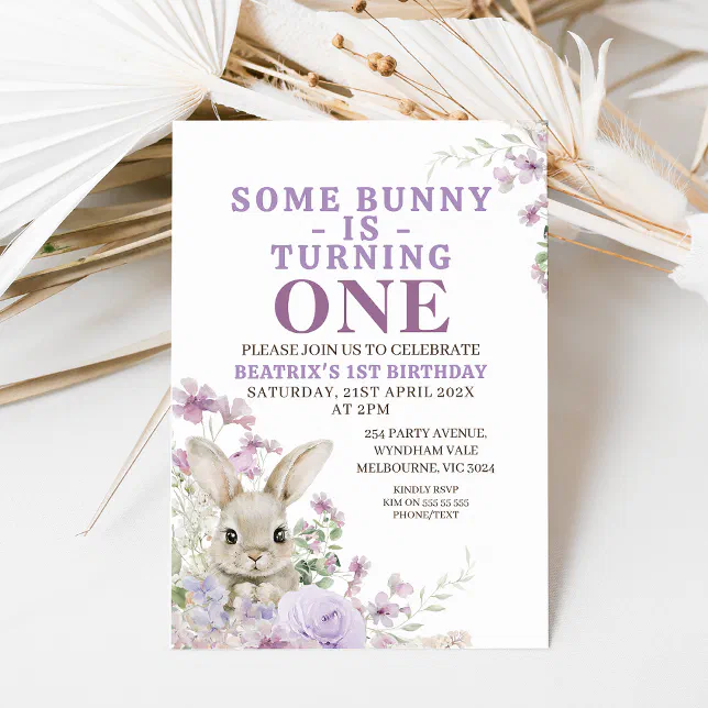 Purple Floral Some Bunny Turning One 1st Birthday Invitation | Zazzle
