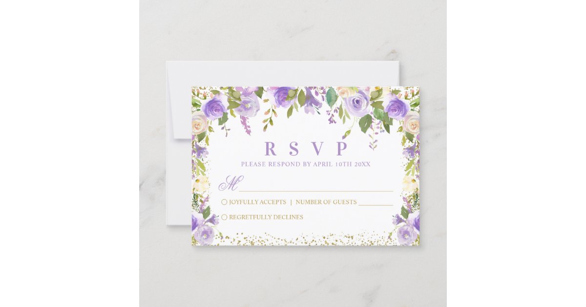 Purple Floral Sparkle Gold Glitter RSVP Card | Zazzle.com
