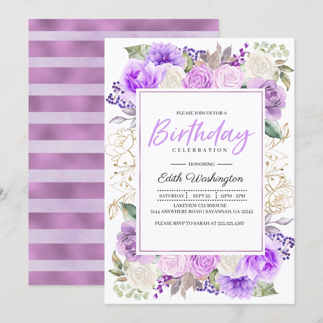 Purple Floral Spring Birthday Invitation | Zazzle
