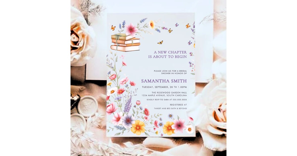 Purple Floral Storybook Chapter Bridal Shower Invitation | Zazzle