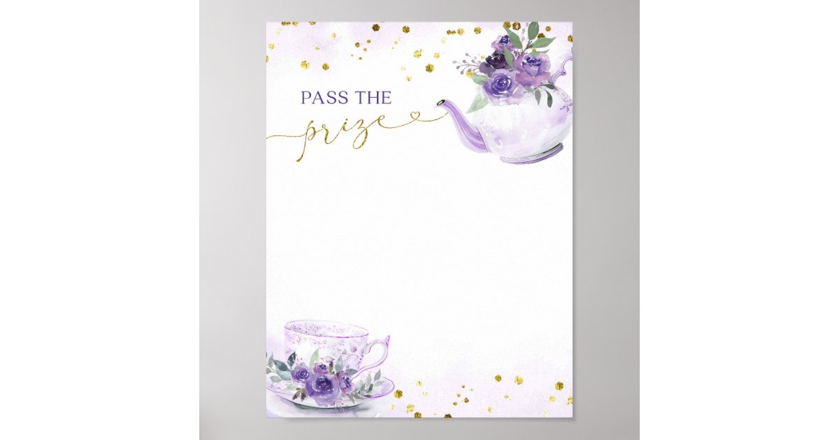 Purple Floral Tea Pass the Prize Bridal Games Poster | Zazzle
