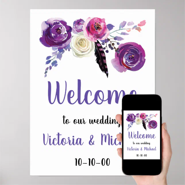 Purple Floral Watercolor Boho Welcome Poster | Zazzle