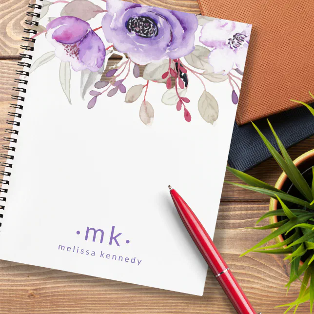 Purple Floral Watercolor Custom Name Monogram Notebook | Zazzle