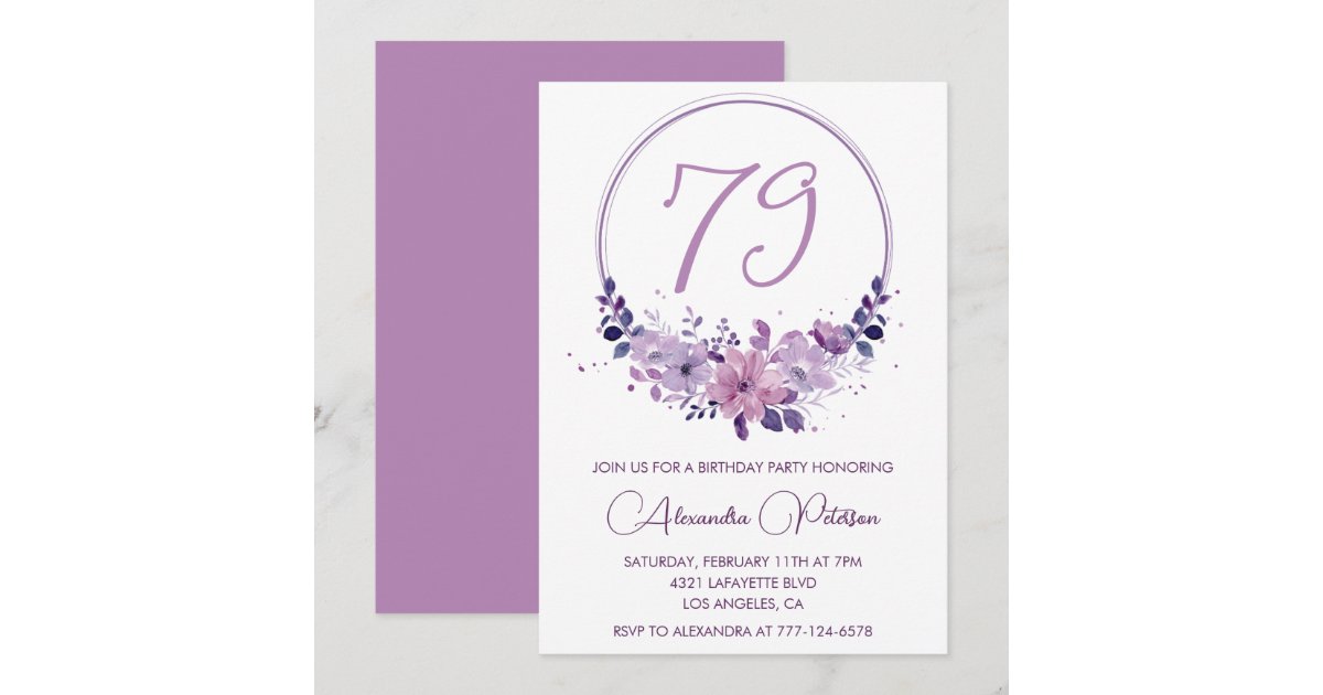 Purple Floral Watercolor Elegant 79th birthday Invitation | Zazzle