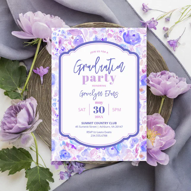 Purple Floral Watercolor Graduation Party Invitation | Zazzle