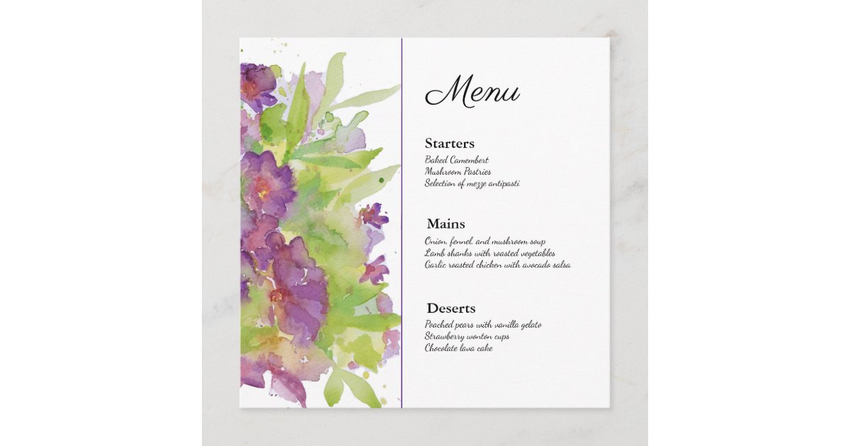 Purple floral watercolour menu | Zazzle