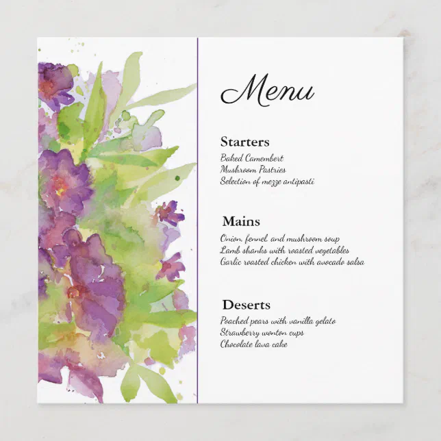 Purple floral watercolour menu | Zazzle