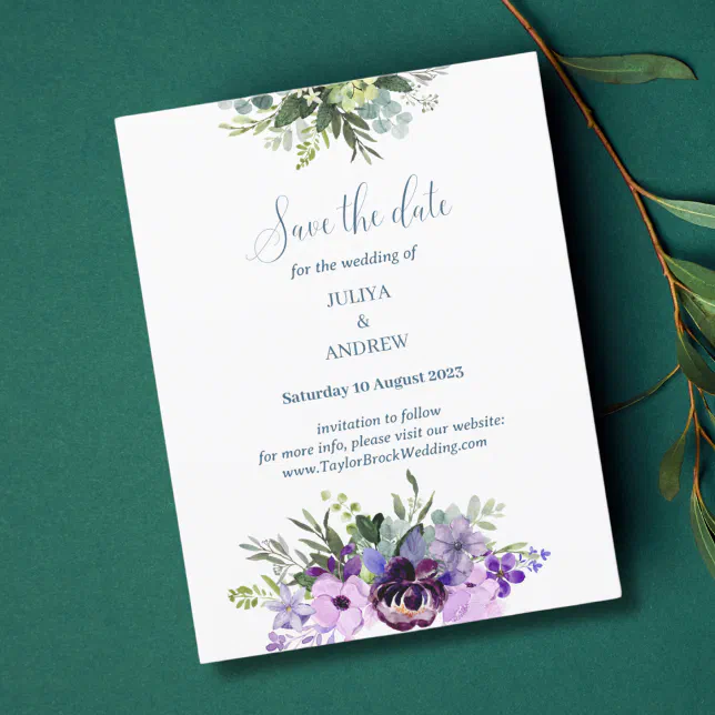 Purple Floral wedding save the date card | Zazzle