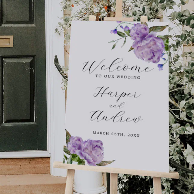Purple Floral Wedding Welcome Sign | Zazzle
