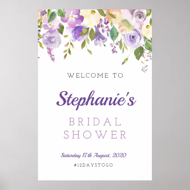 Purple floral welcome sign, purple floral poster | Zazzle