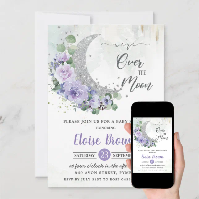 Purple Floral We're Over the Moon Girl Baby Shower Invitation | Zazzle