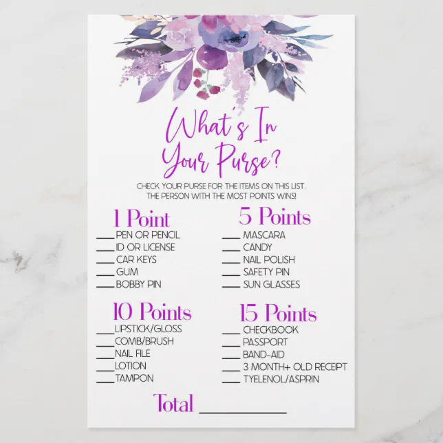 Purple Floral What's In Purse Bridal Shower Game Stationery | Zazzle