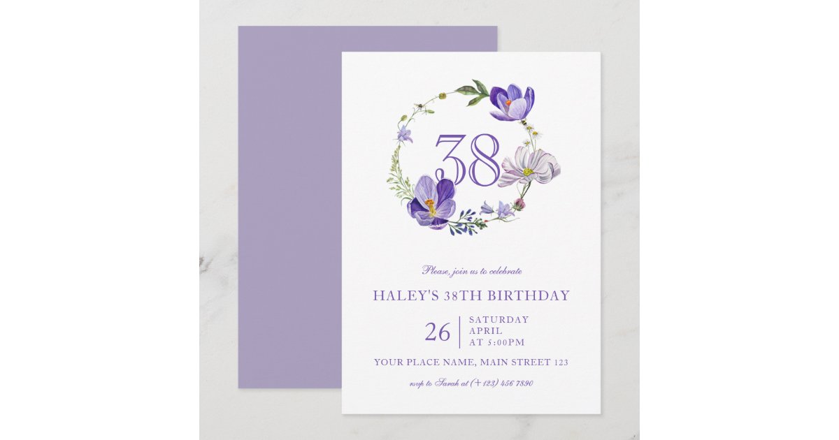 Purple Floral Wildflower Vintage 38TH Birthday Invitation | Zazzle