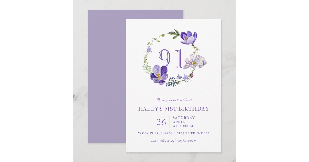 Purple Floral Wildflower Vintage 91ST Birthday Invitation | Zazzle