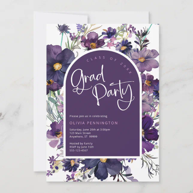 Purple Floral Wildflowers Grad Party Invitation | Zazzle