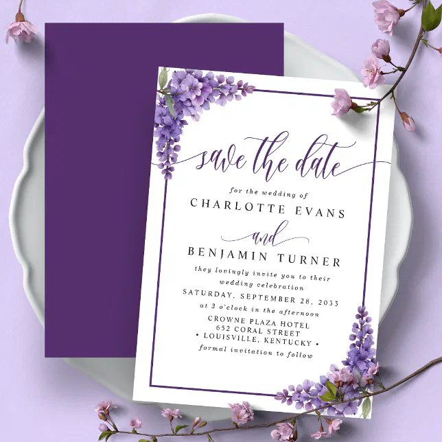 Purple Floral Wisteria Corners Save The Date Card | Zazzle