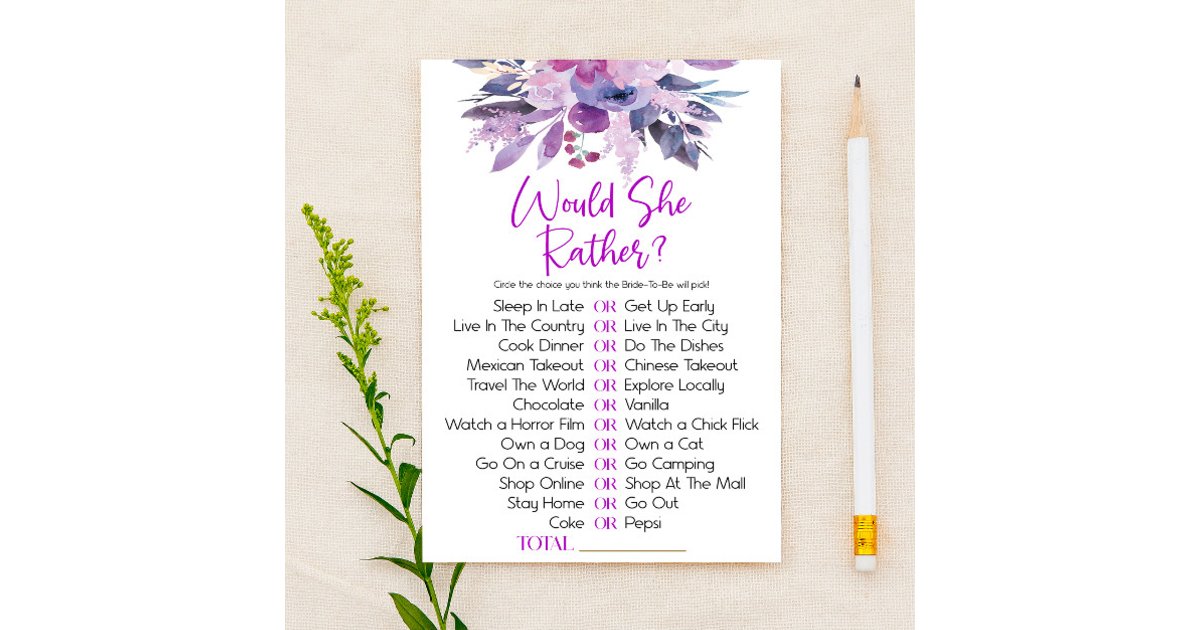 Purple Floral Would She Rather Bridal Shower Game Stationery | Zazzle