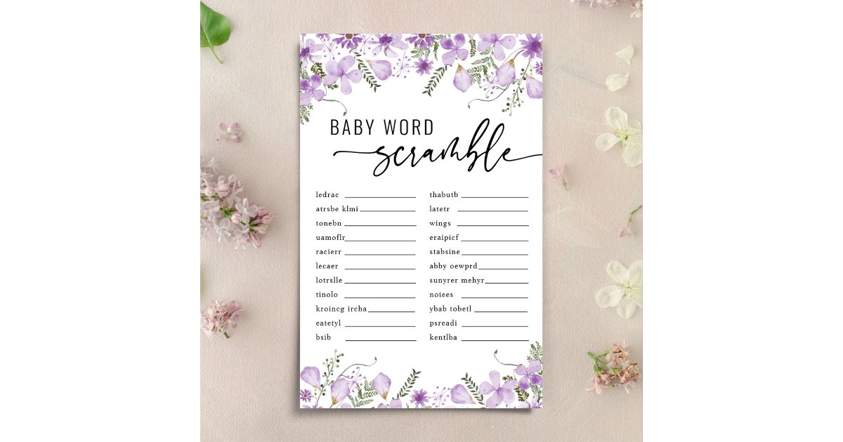 Purple Florals Baby Word Scramble Baby Shower Game | Zazzle