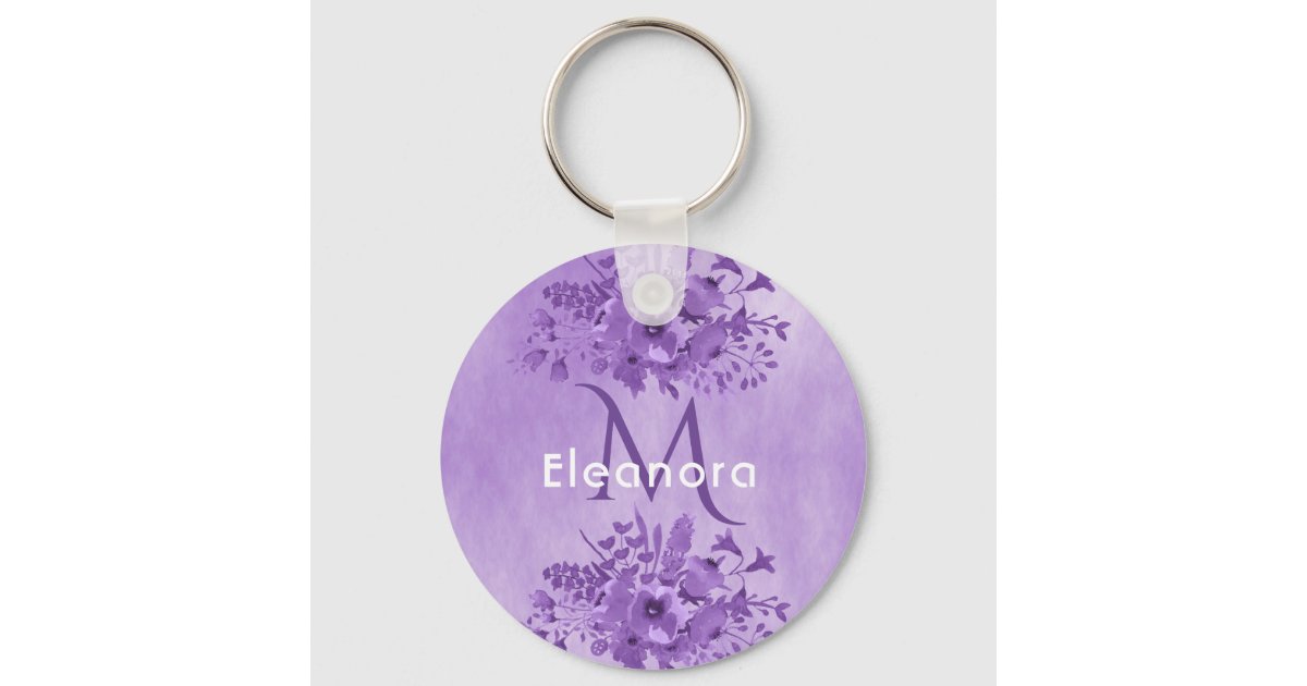 Purple florals monogram name vintage keychain | Zazzle