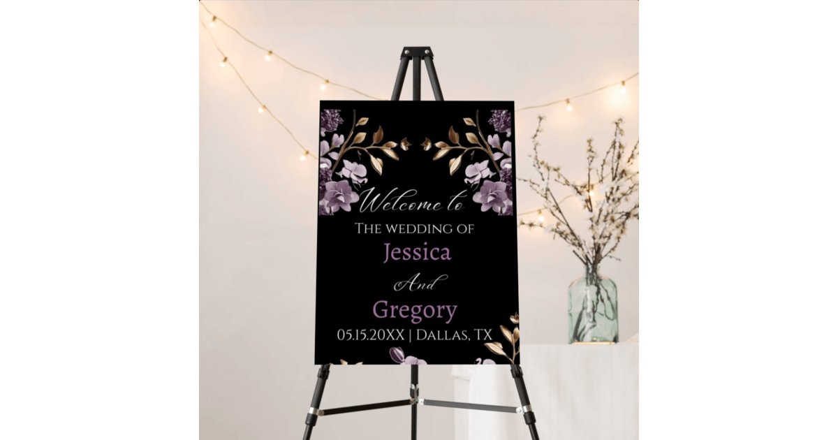 "purple flower and gold leaf weeding welcome sing" foam board | Zazzle