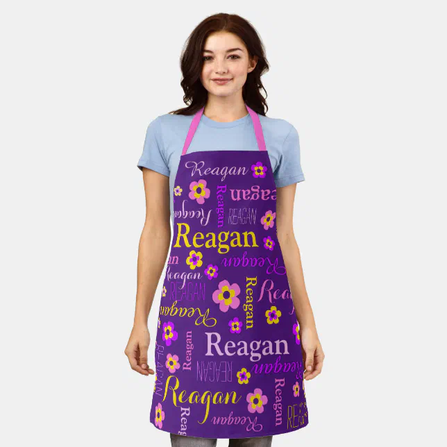 Purple flower custom name Reagan Apron | Zazzle