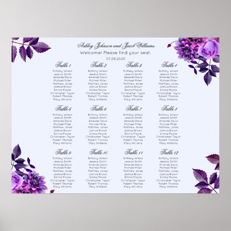 Purple flower wedding seating chart. Violet floral Poster | Zazzle