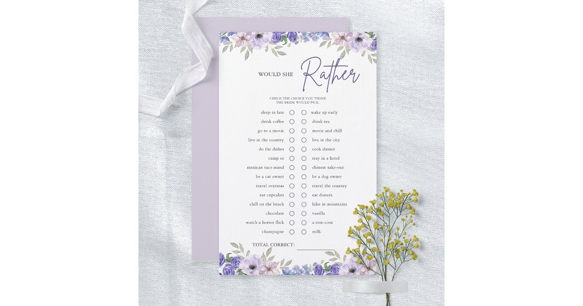 Purple Flower Would She Rather Bridal Shower Game | Zazzle