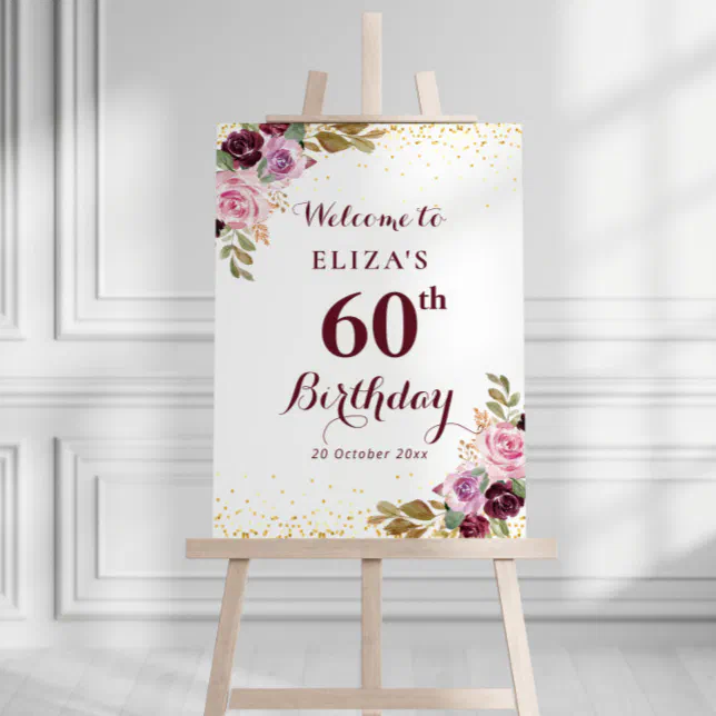 Purple flowers 60th birthday party welcome sign | Zazzle