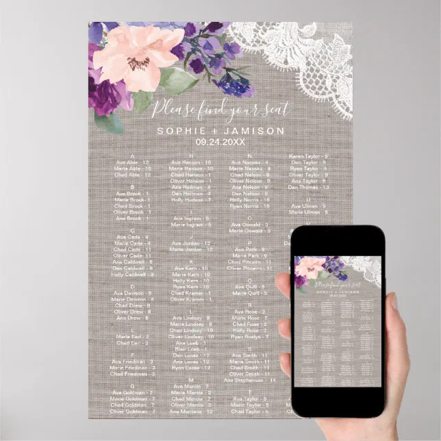 Purple Flowers and Lace Alphabetical Seating Chart | Zazzle