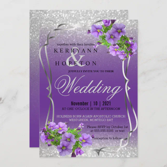 Purple Flowers and Silver Glitter Invitation | Zazzle