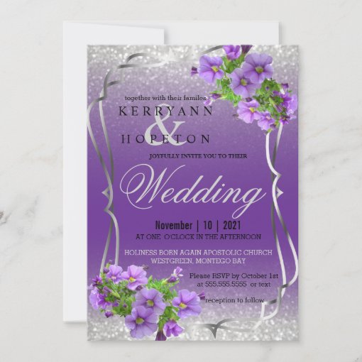Purple Flowers and Silver Glitter Invitation | Zazzle