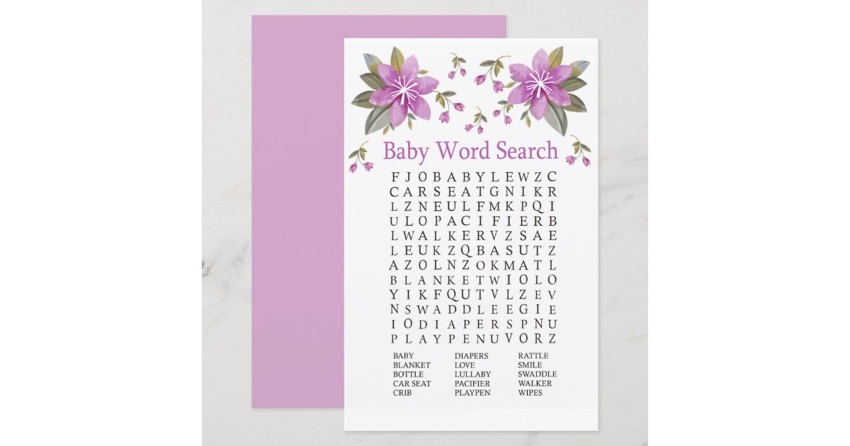 Purple flowers Baby Shower Word Search Game | Zazzle