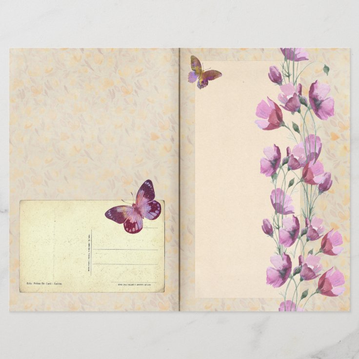 Purple Flowers & Butterfly Journal Page | Zazzle