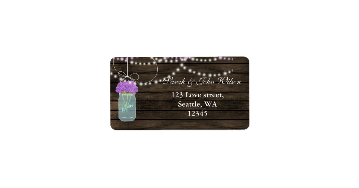 Purple Flowers Mason Jars Barn Wood Wedding Label | Zazzle
