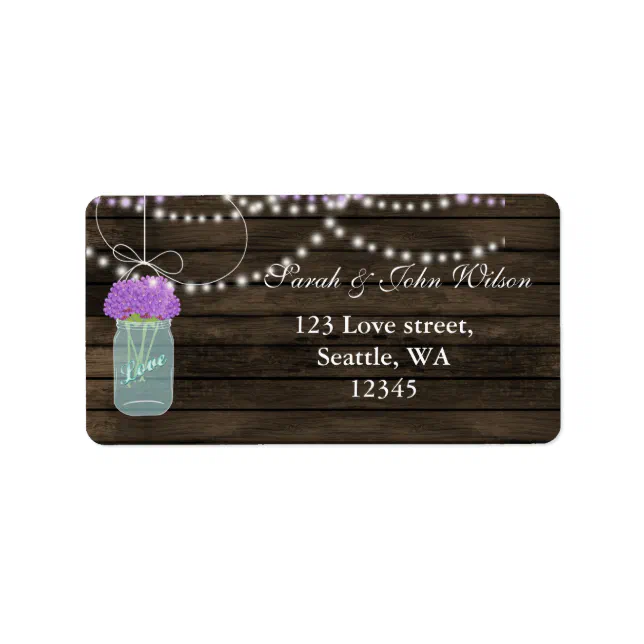 Purple Flowers Mason Jars Barn Wood Wedding Label | Zazzle