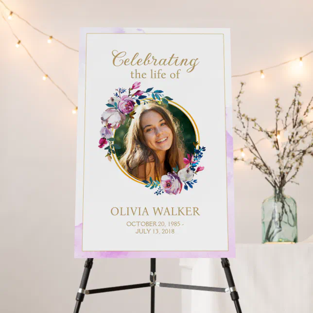 Purple Flowers Photo Funeral Memorial Sign | Zazzle