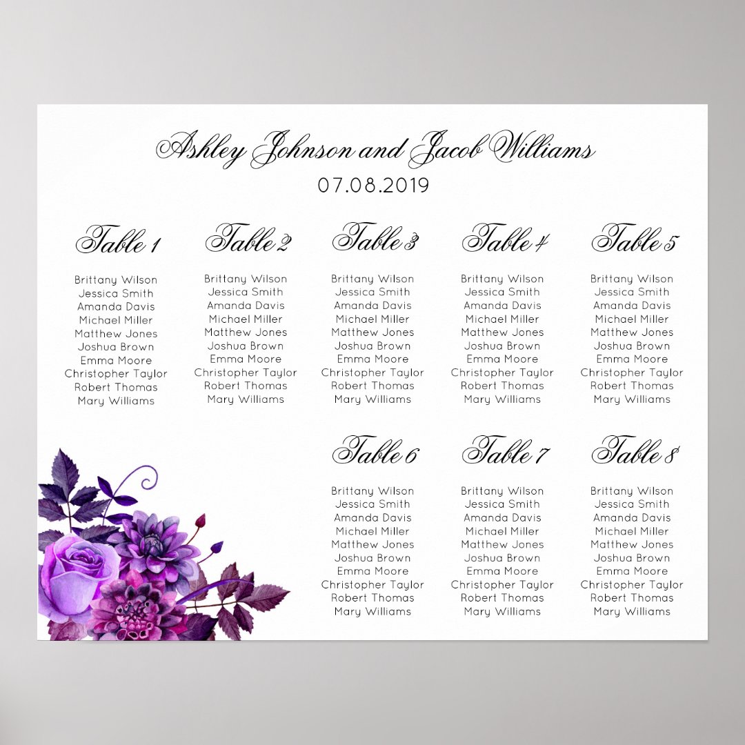Purple flowers seating chart print. Floral wedding | Zazzle