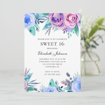 Purple flowers sweet 16. Blue floral 16th birthday Invitation | Zazzle