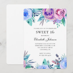Purple flowers sweet 16. Blue floral 16th birthday Invitation | Zazzle