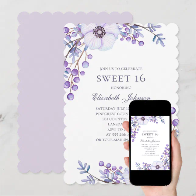 Purple flowers Sweet 16. Floral 16th birthday Invitation | Zazzle