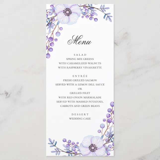 Purple flowers. Violet floral wedding dinner Menu | Zazzle
