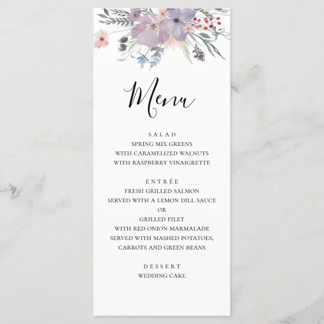 Purple flowers wedding menu. Lavender dinner menu | Zazzle