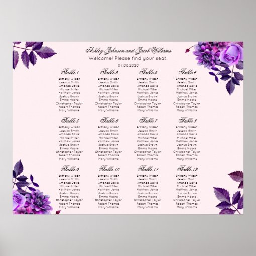 Purple flowers wedding seating chart. Pink floral Poster | Zazzle