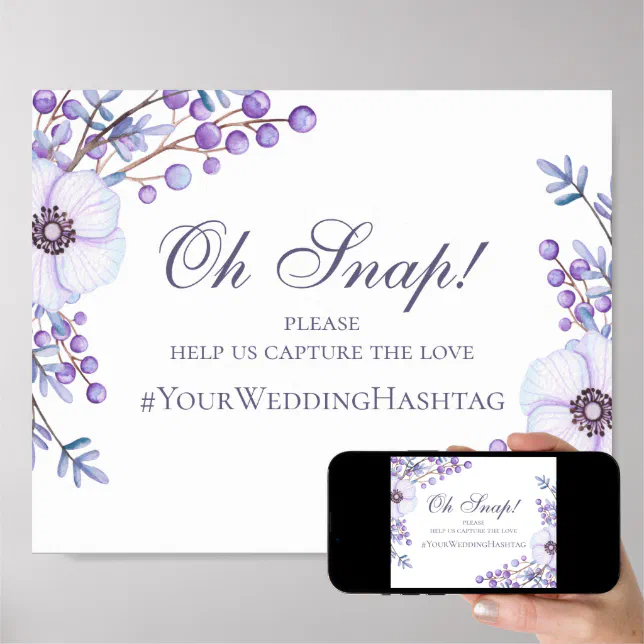 Purple flowers wedding sign. Instagram hashtag Poster | Zazzle