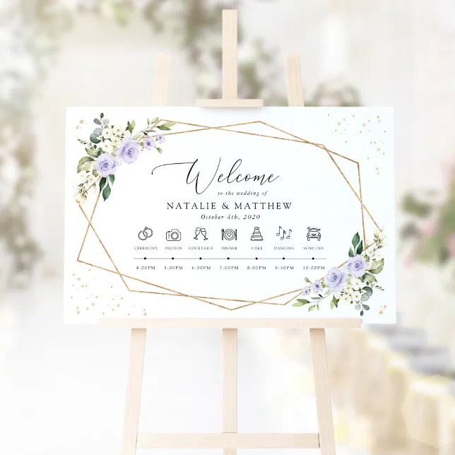 Purple Flowers, White Flowers, Wedding Timeline Sign | Zazzle