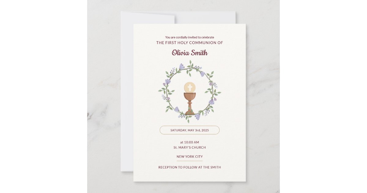 Purple flowers Wreath First Communion Invitation | Zazzle