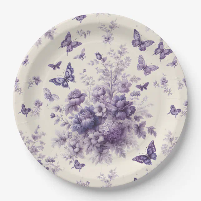 Purple French Country Toile Fleurie Butterflies Paper Plates | Zazzle