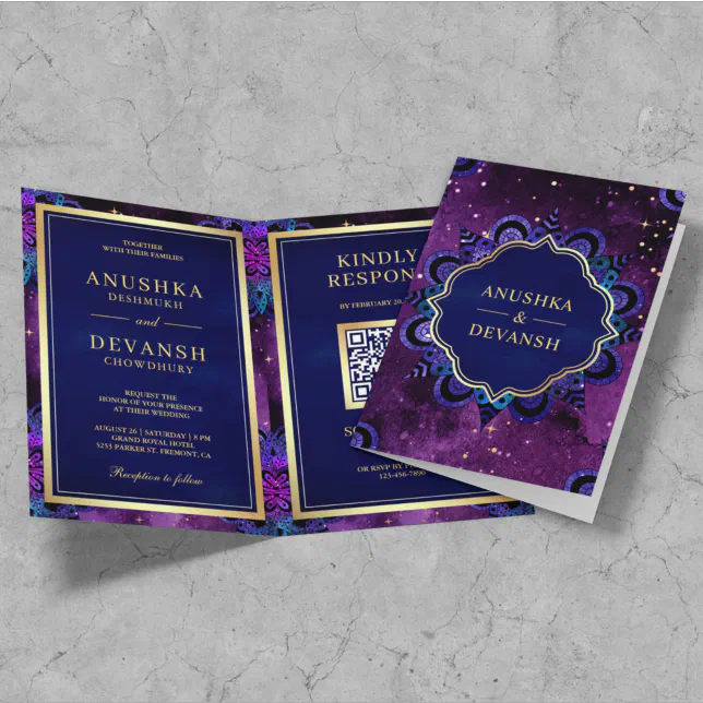 Purple Galaxy Blue Mandala QR Code Indian Wedding Invitation | Zazzle